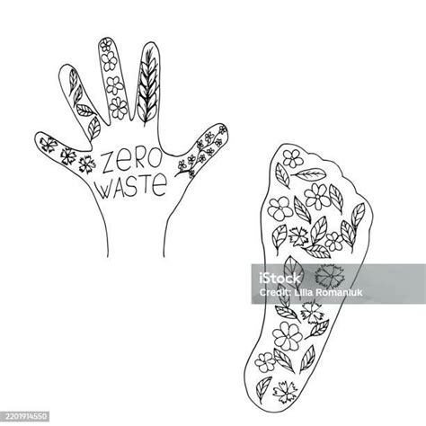 손과 발 윤곽 식물 요소 제로 웨이스트 개념 흑인과 백인 그래픽 벡터 일러스트 레이 션 작곡 엽서 섬유 및 광고에 대 한 자유형 드로잉 베이스 0에 대한 스톡 벡터 아트 및