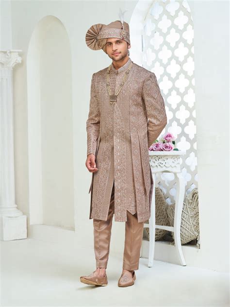 Brown Silk Embroidered Sherwani Set Suvidha Fashion