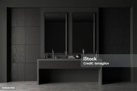 더블 세면대와 목욕 액세서리가 있는 어두운 욕실 인테리어 0명에 대한 스톡 사진 및 기타 이미지 0명 3차원 형태 가정