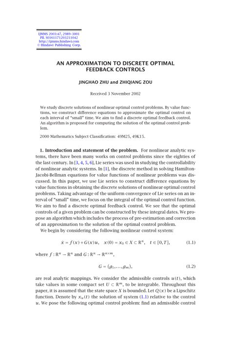Pdf An Approximation To Discrete Optimal Feedback Controls