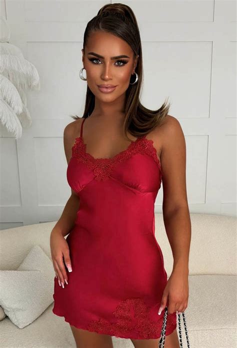 Queen Of The Night Red Lace Trim Satin Cami Night Dress Pink Boutique