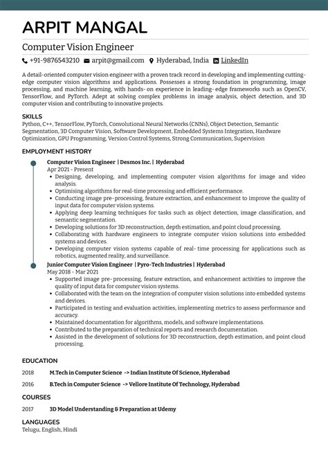 Sample Resume Of Computer Vision Engineer With Template Writing Guide