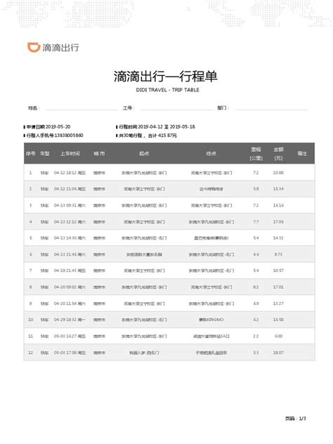 滴滴出行行程报销单 2 Pdf