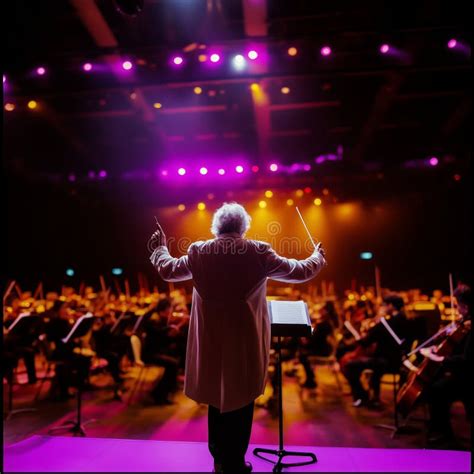 Conductor Leading Orchestra Under Vibrant Stage Lights In Concert Hall