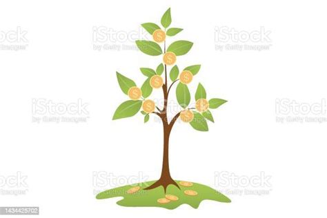 금화가있는 돈 나무 성장하는 돈 나무 가지에 금화 부 성장 비즈니스 성공의 상징 금융 및 은행 저축 및 투자 동전 작물 평면