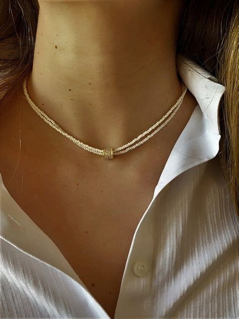 Double Pearl Necklace Gold Plated Dainty Pearl Choker Glass Pearl