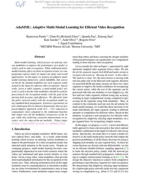 Adamml Adaptive Multi Modal Learning For Efficient Video Recognition Pdf Applied Mathematics