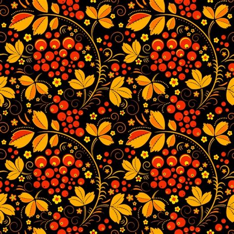 꽃 민속 전통에 검은 원활한 패턴 프리미엄 벡터