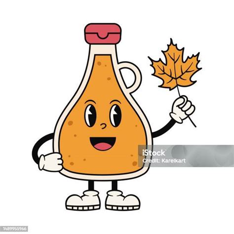 그루비 메이플 시럽 캐릭터가 단풍잎을 들고 있다 귀여운 복고풍 마스코트 만화 격리 벡터 그림입니다 메이플 시럽에 대한 스톡 벡터