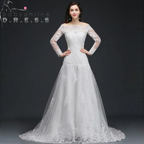 Charming Boat Neck Long Sleeve Wedding Dresses Real Images Appliques Lace Button Back Bridal