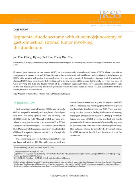 Pdf Segmental Duodenectomy With Duodenojejunostomy Of Gastrointestinal Stromal Tumor Involving