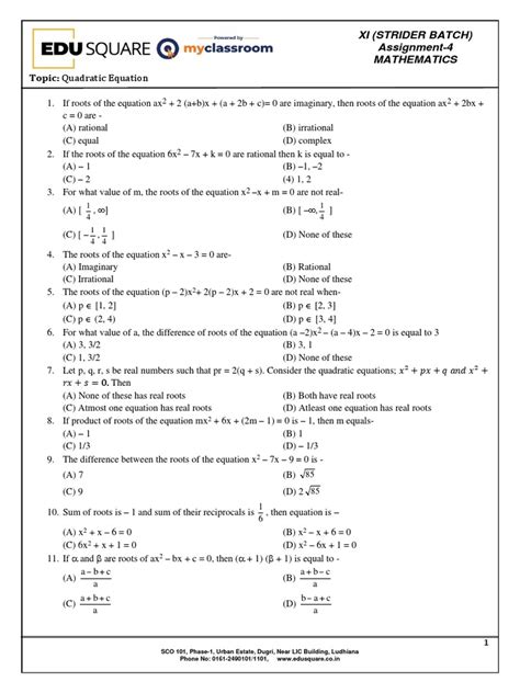101 Assignment 4 Quadratic Equation Maths Pdf