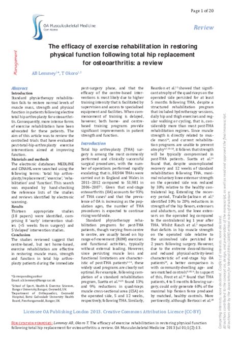Pdf The Efficacy Of Exercise Rehabilitation In Restoring Physical Function Following Total Hip