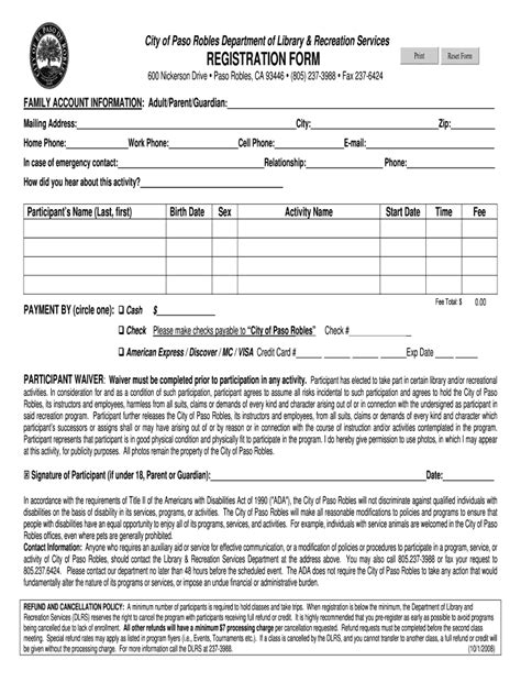 Fillable Online Library Recreation Services Registration Form Fax