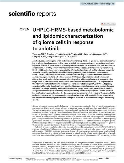 Pdf Uhplc Hrms Based Metabolomic And Lipidomic Characterization Of Glioma Cells In Response To
