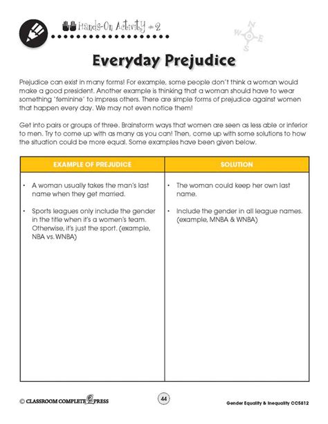 Gender Equality And Inequality Everyday Prejudice Chart Worksheets