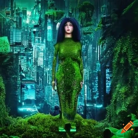 Glowing Biopunk Cityscape With Green Moss Plants Mushrooms And