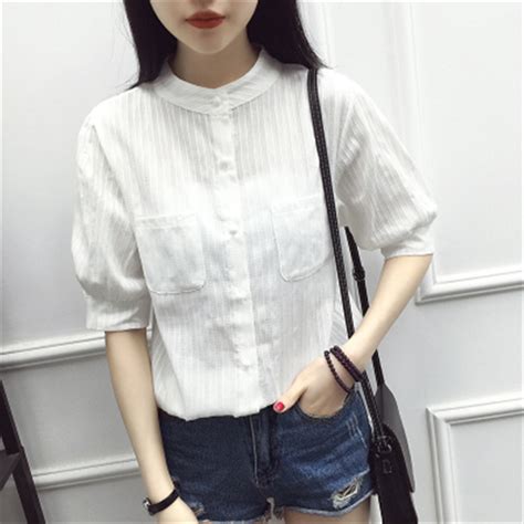 夏日系小清新棉麻休闲宽松五分袖白衬衫休闲百搭学生立领衬衣女喵喵楚楚
