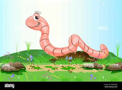 Earthworm In Meadow Cute Cartoon Caterpillar Character In Summer Field