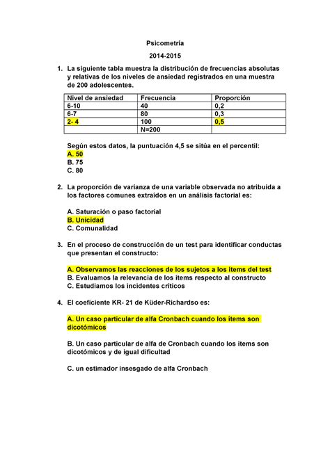 Examen psicometría corregido Psicometría La siguiente tabla muestra la distribución
