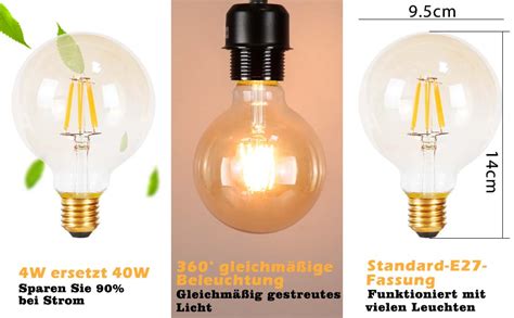 GBLY 2 Stück LED Glühbirne E27 Vintage Lampe G95 Warmweiss Filament