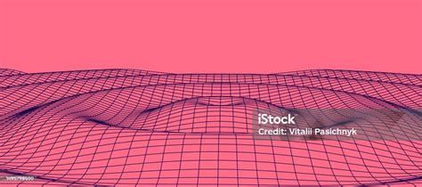 분홍색 배경에 디지털 물결 모양의 와이어프레임 풍경 미래 지향적인 선형 기복 지형 계곡이 있는 산의 디지털 사이버 공간 벡터 그림입니다 3차원 형태에 대한 스톡 벡터 아트