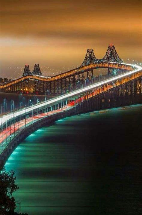 Bay Bridge At Night Long Highway Bridge Scenery Lit Up Bridge In
