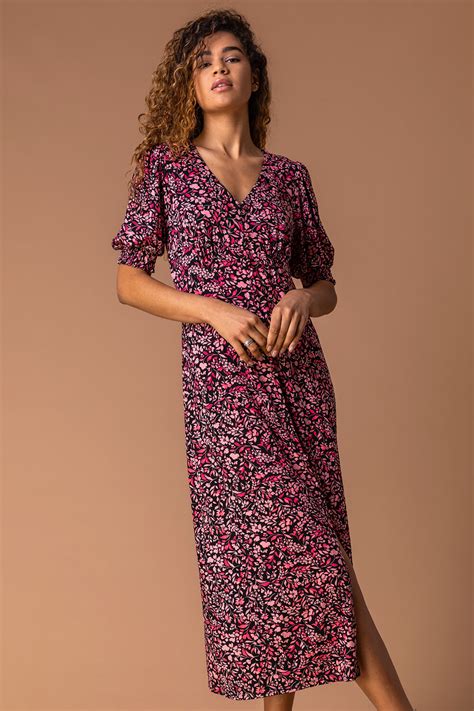 Floral Print Puff Sleeve Midi Dress In Rose Roman Originals Uk