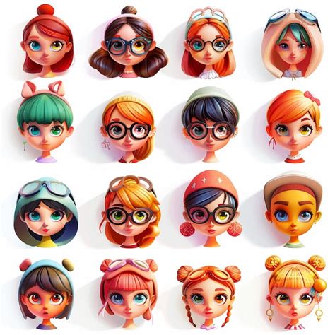Cute Girl Faces 3d Girls Icons Beautiful Colorful Real Color White Background Premium Ai