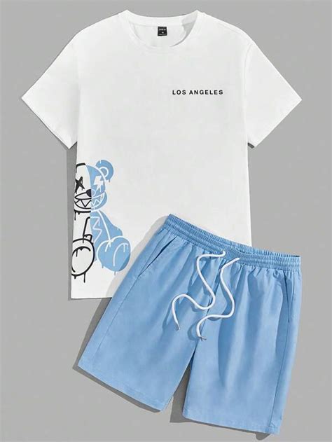 Manfinity Emrg Men Bear And Letter Graphic Tee And Drawstring Waist Shorts