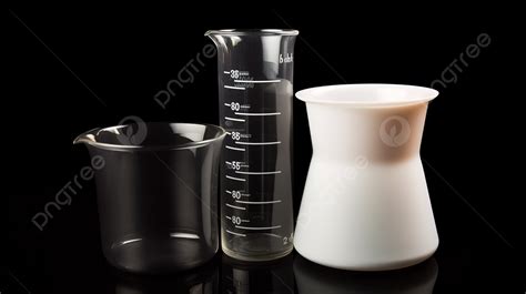 실험실 테스트 항아리와 두 개의 유리 비커가 검정색 배경에 나란히 앉아 있습니다 화학 실험실용 비이커 및 박격포 고화질 사진 사진 음료수 배경 일러스트 및 사진 무료