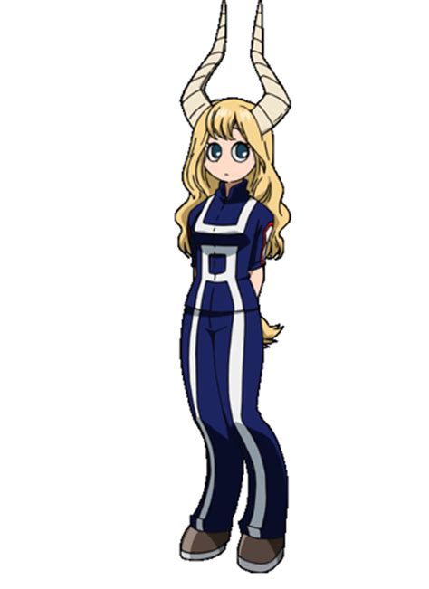 An Anime Character With Horns On Her Head And Blue Overalls Standing