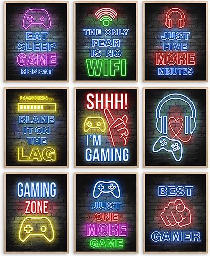 Elegend Neon Gaming Posters 9pcs Game Room Decor Gamer
