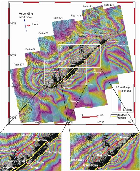 InSAR Interferogram Mosaic Image Showing Coseismic Surface Deformation