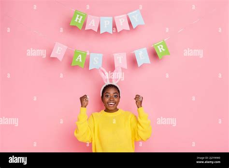 Portrait Of Excited Crazy Person Raise Fists Delighted Toothy Smile