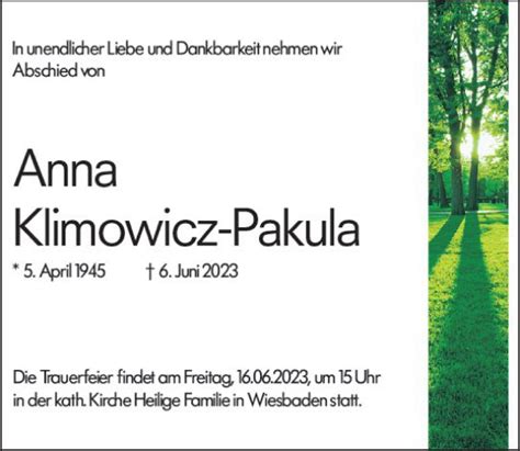 Traueranzeigen Von Anna Klimowicz Pakula Vrm Trauerde