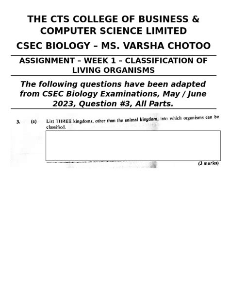 Csec Biology Week 1 Assignment Classification Of Organisms 3 Pdf