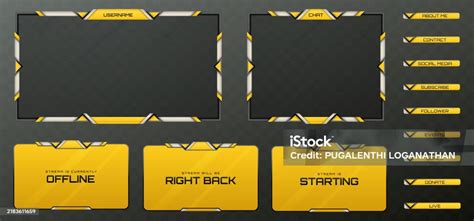 게임 및 라이브 비디오 스트리밍 플랫폼을 위한 메탈릭 블랙 실버 머스타드 옐로우 색상 테마의 스트림 오버레이 웹캠 화면 프레임 및 스트림 경고 Gui 패널 Brand