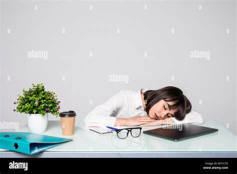 Tired Woman Sleeping At Workplace Overworked Female Entrepreneur Give