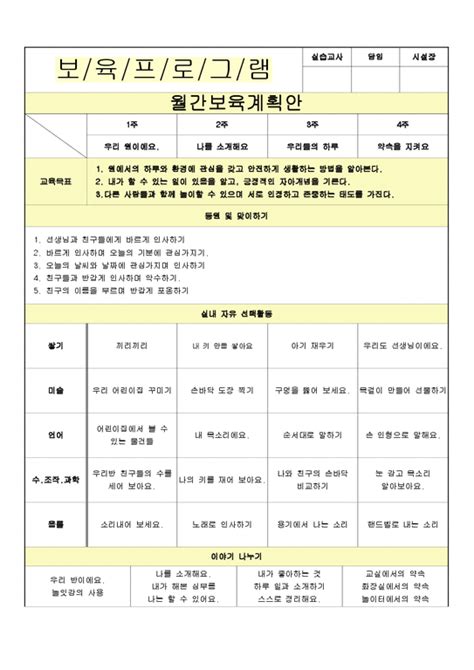 어린이집유치원 5세 보육프로그램 계획안월안 주안 인문교육