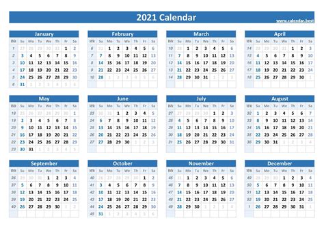 2021 calendar with week number printable free 2021 calendar in excel