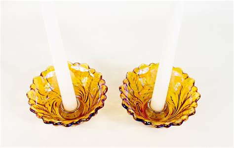 Vintage Amber Carnival Glass Candle Holders Mid Century Rainbow Amber