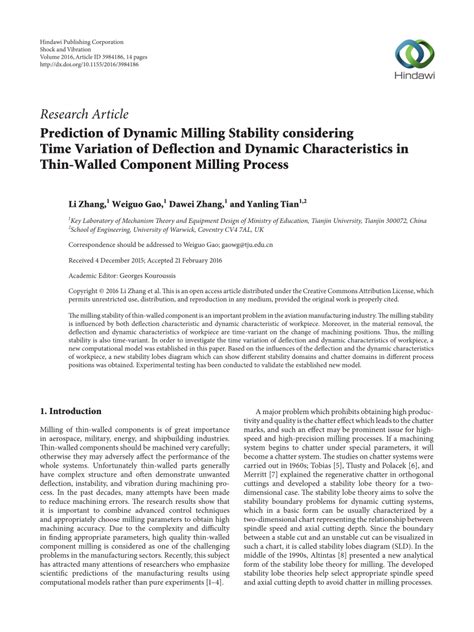 PDF Prediction Of Dynamic Milling Stability Considering Time Variation Of Deflection And
