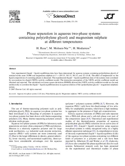 Pdf Phase Separation In Aqueous Two Phase Systems Containing Poly
