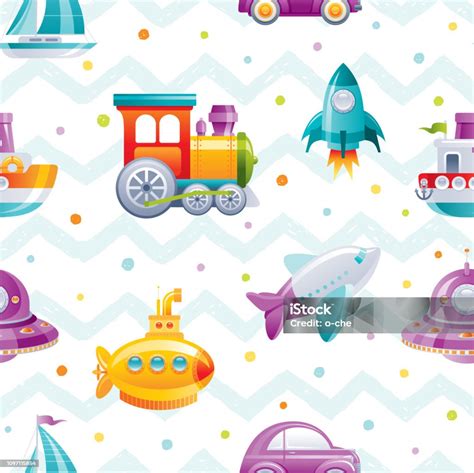 만화 장난감 전송 완벽 한 패턴입니다 귀여운 3 차원 보 보트 자동차 비행기 잠수함 항해 배 기차 로켓 벽지 디자인 Zig Zag 폴카 도트 그린 배경에 고립 재미 벡터