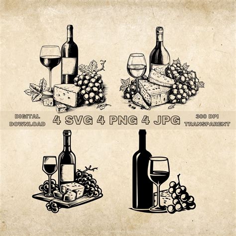 Wine And Cheese Svg Bundle Png Wine Lover Clipart Hand Drawn Wine