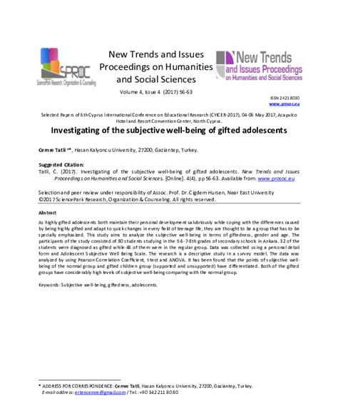 Pdf Investigating Of The Subjective Well Being Of Ted Adolescents Science Park Research