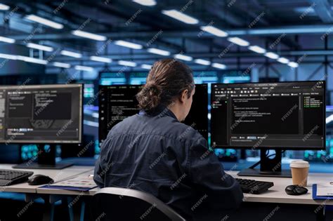 Premium Photo Worker At Computer Desk Safeguarding Data Center
