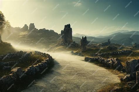 고대 유적 사이의 황량한 길에 대한 래스터 그림 고대 잊혀진 문명은 그리스나 로마의 오래된 석조 건물을 도시나 성 3d