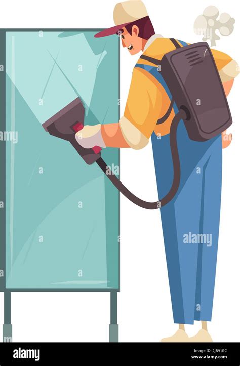 Flat Icon Of Cleaner Tidying Up With Professional Equipment Vector Illustration Stock Vector
